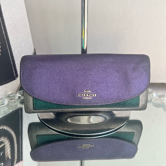Coach | Bags | Coach Purple And Green Metallic Leather Slim Envelope ...